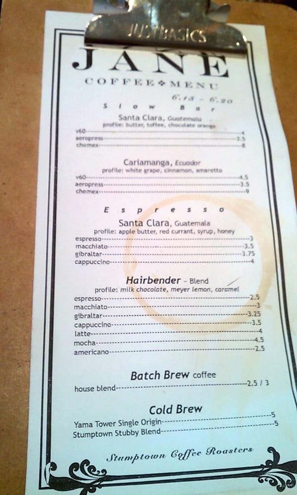 Menu at Jane on Fillmore cafe, San Francisco, Fillmore St