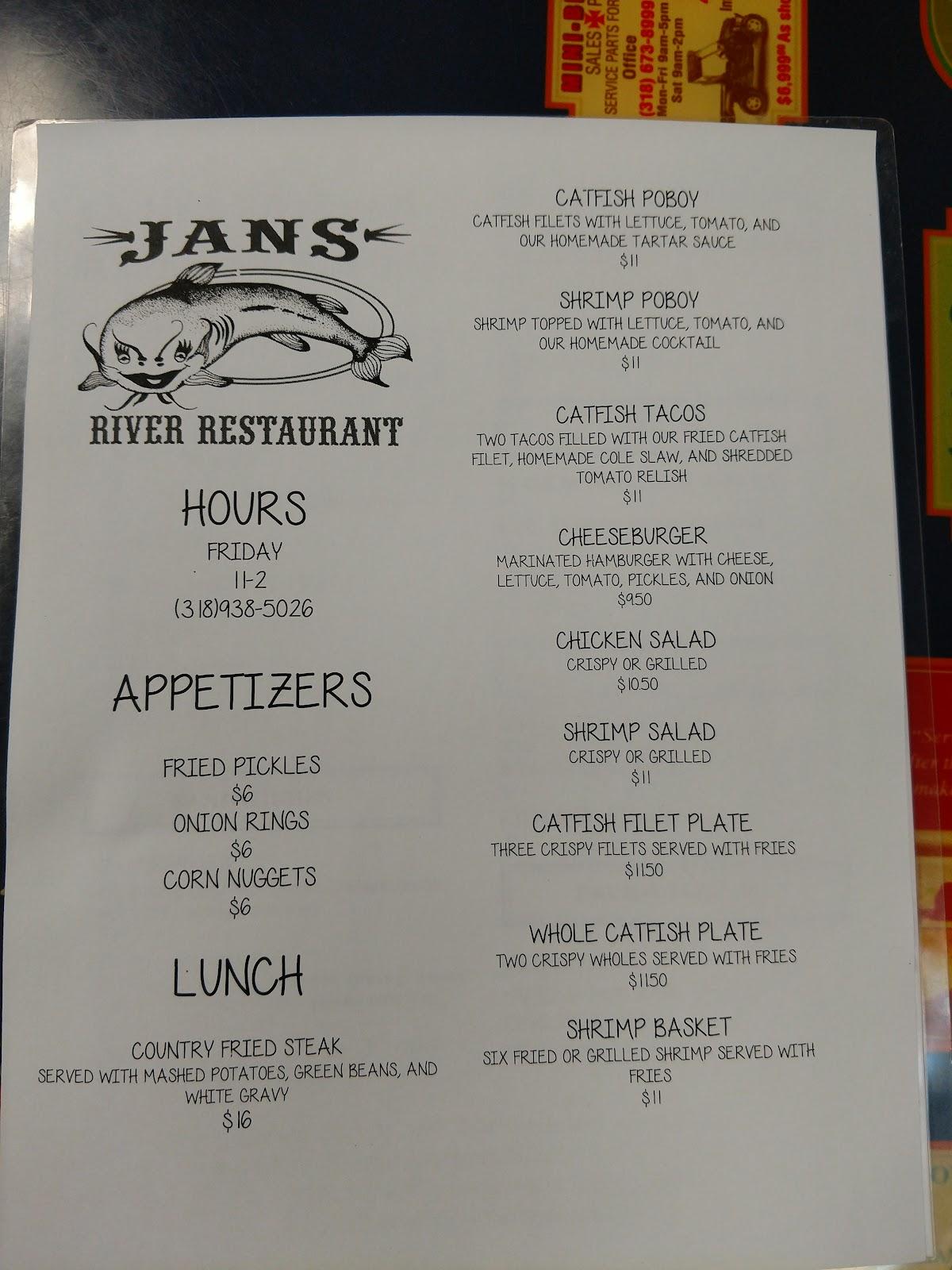 Menu at Jan's River Restaurant, Shreveport, W 70th St