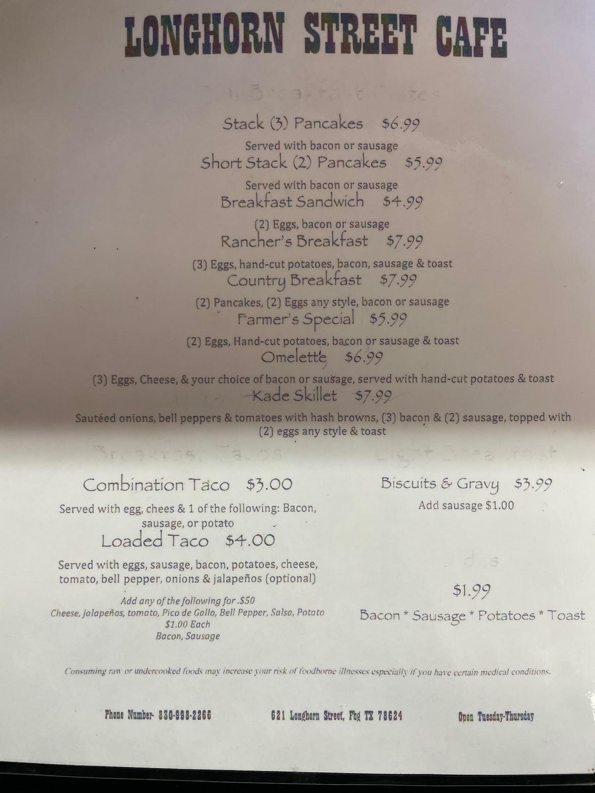 Menu at Longhorn Street Cafe, Fredericksburg