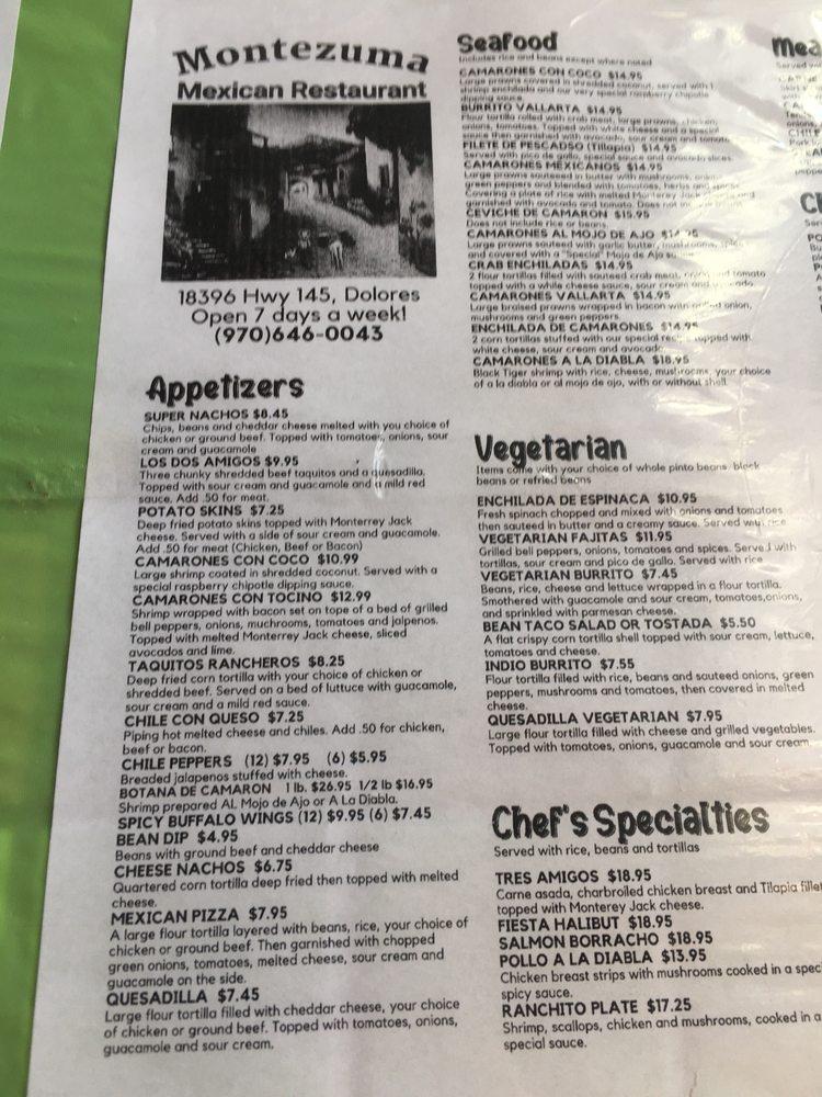 Menu at Montezuma Mexican Restaurant, Dolores, Railroad Ave