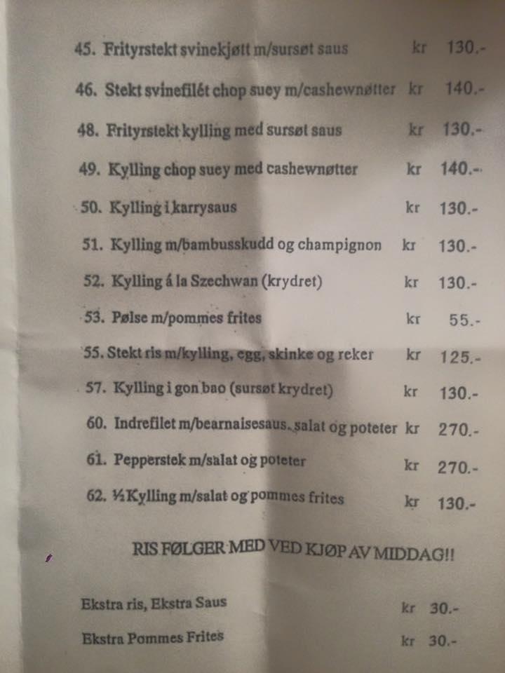 Menu at Orient Pearl Kina restaurant, Lillehammer