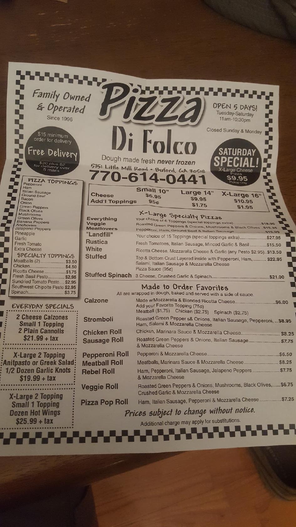 Menu at Pizza Di Folco pizzeria, Buford