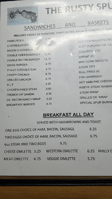 Menu at Rusty Spur restaurant, Stamford