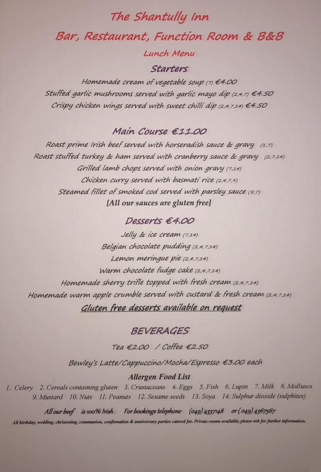 Menu at Shantully Inn, Bar ~ Restaurant ~ B&B, Crossdoney