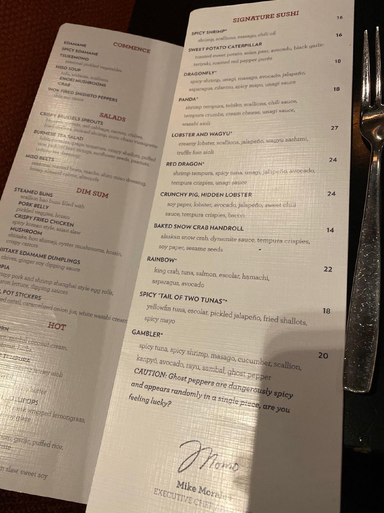 Menu at Sunda Nashville restaurant, Nashville