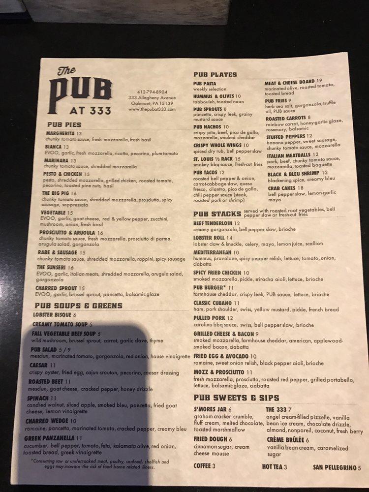 Menu at The Pub at 333, Oakmont