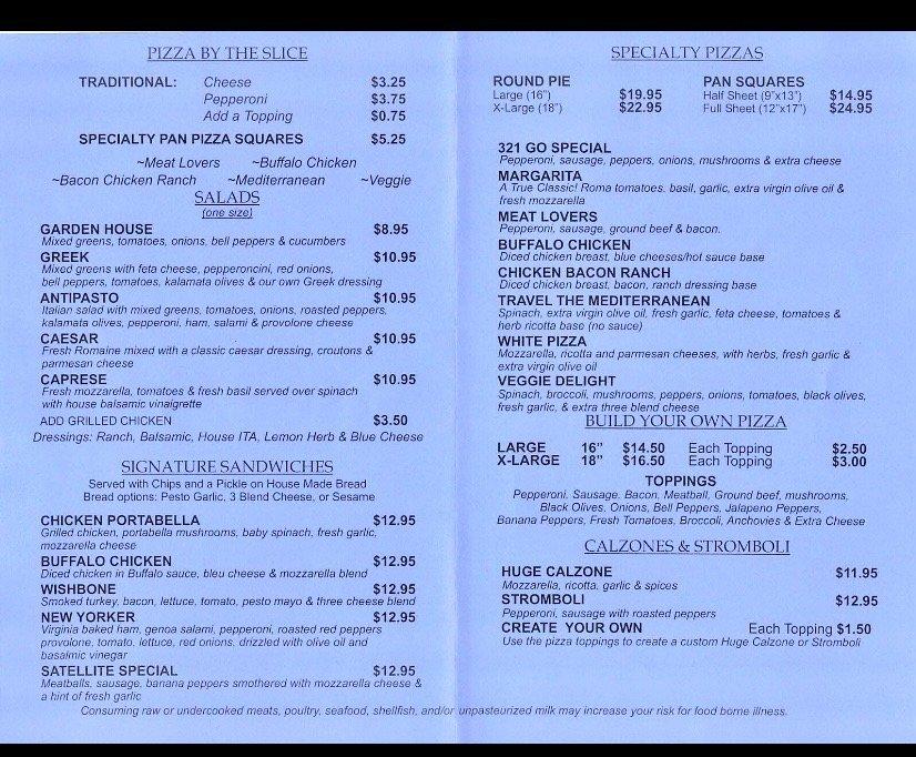 Carta de pizzería 321 Go Pizza, Satellite Beach