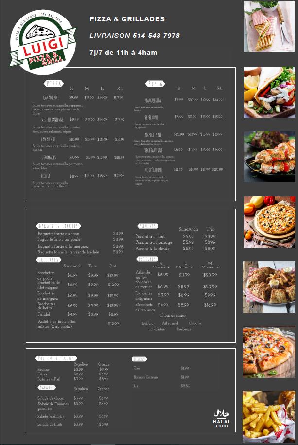 Menu au Luigi Pizza & Grill restaurant, Montréal