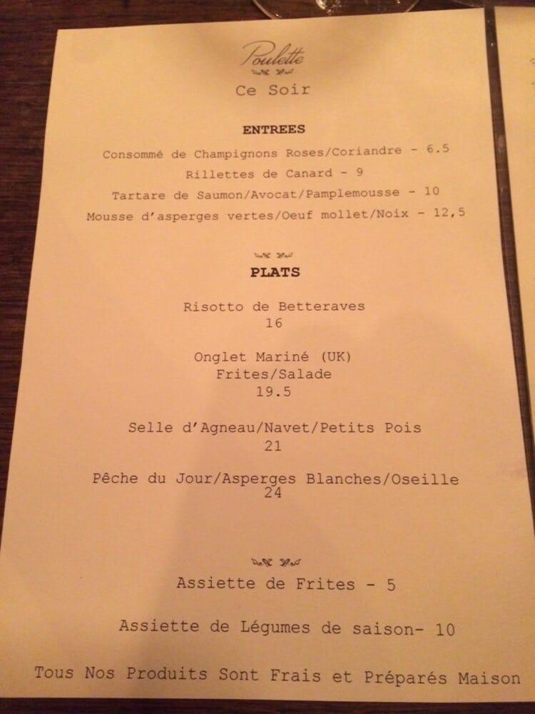 Menu at Poulette restaurant, Paris, 3 Rue Étienne Marcel