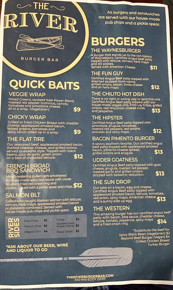 Menu at The River restaurant, Waynesboro