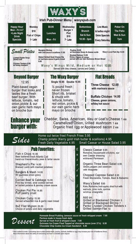 Menu at Waxy's Irish Pub, Fort Lauderdale