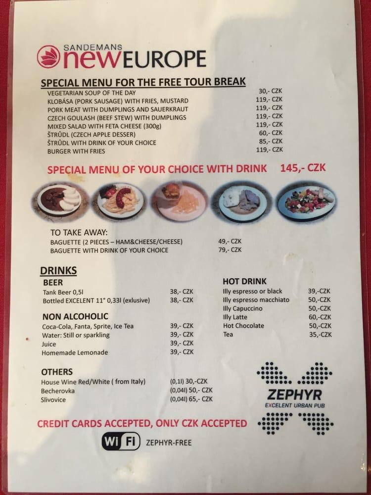 Menu at Zephyr Excelent Urban Pub, Prague