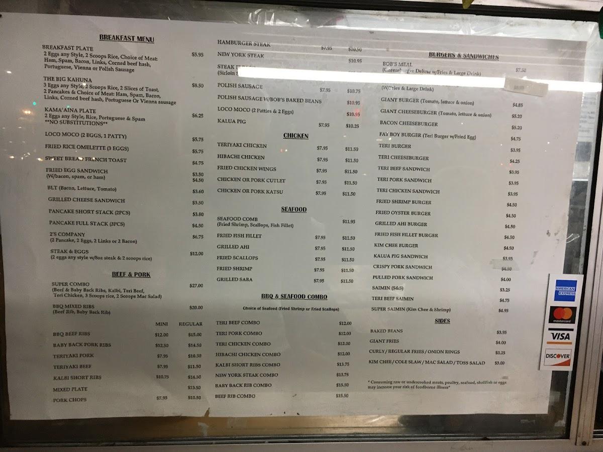 Menu at Bob's Bar-B-Que Restaurants, Honolulu, Dillingham Blvd