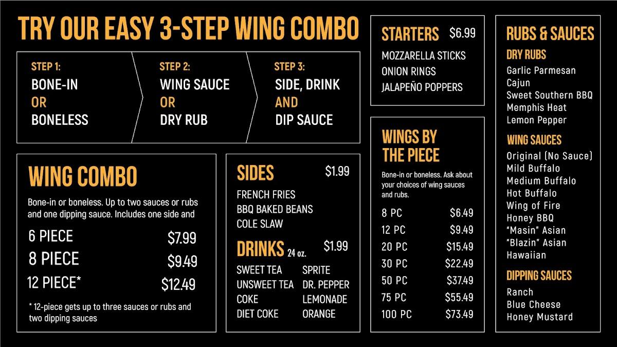 Menu at MO Wings restaurant, Monett