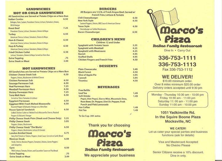 Menu at Marco's Italian Family Restaurant, Mocksville