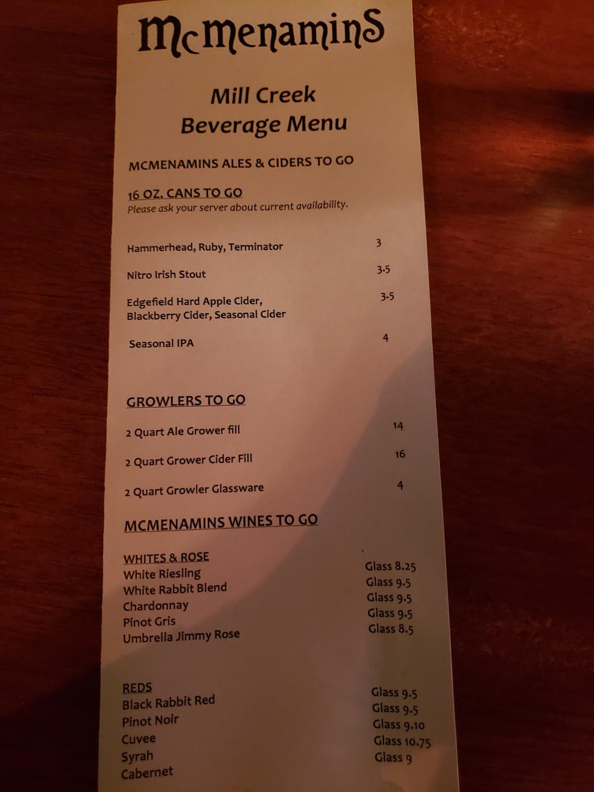 Menu at McMenamins Mill Creek pub & bar, Mill Creek