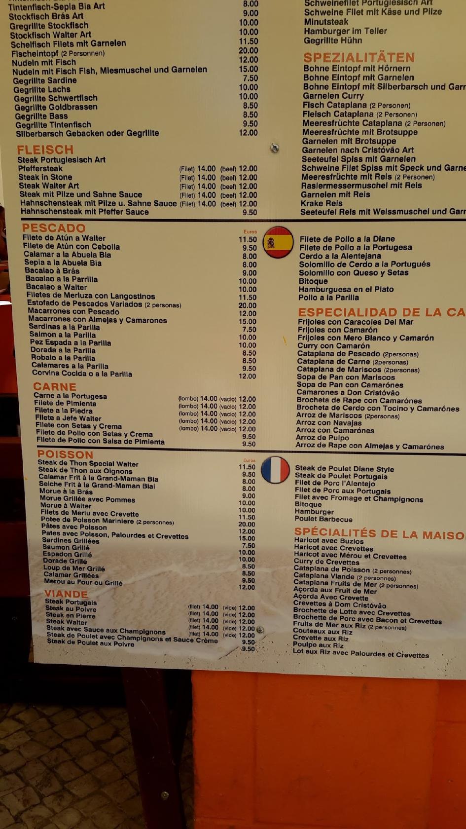 Carta del restaurante O Walter, Armação del Pêra