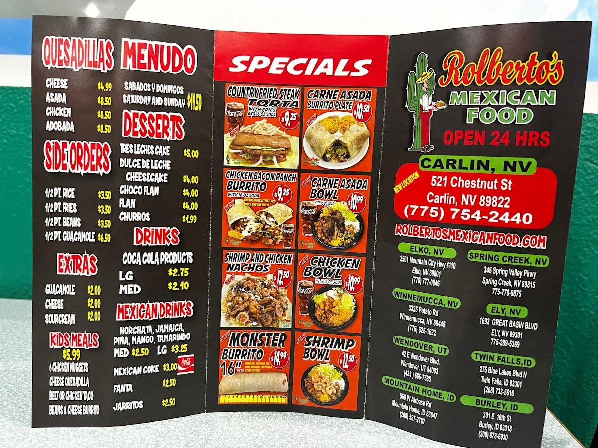 Menu at Rolbertos carlin restaurant, Carlin