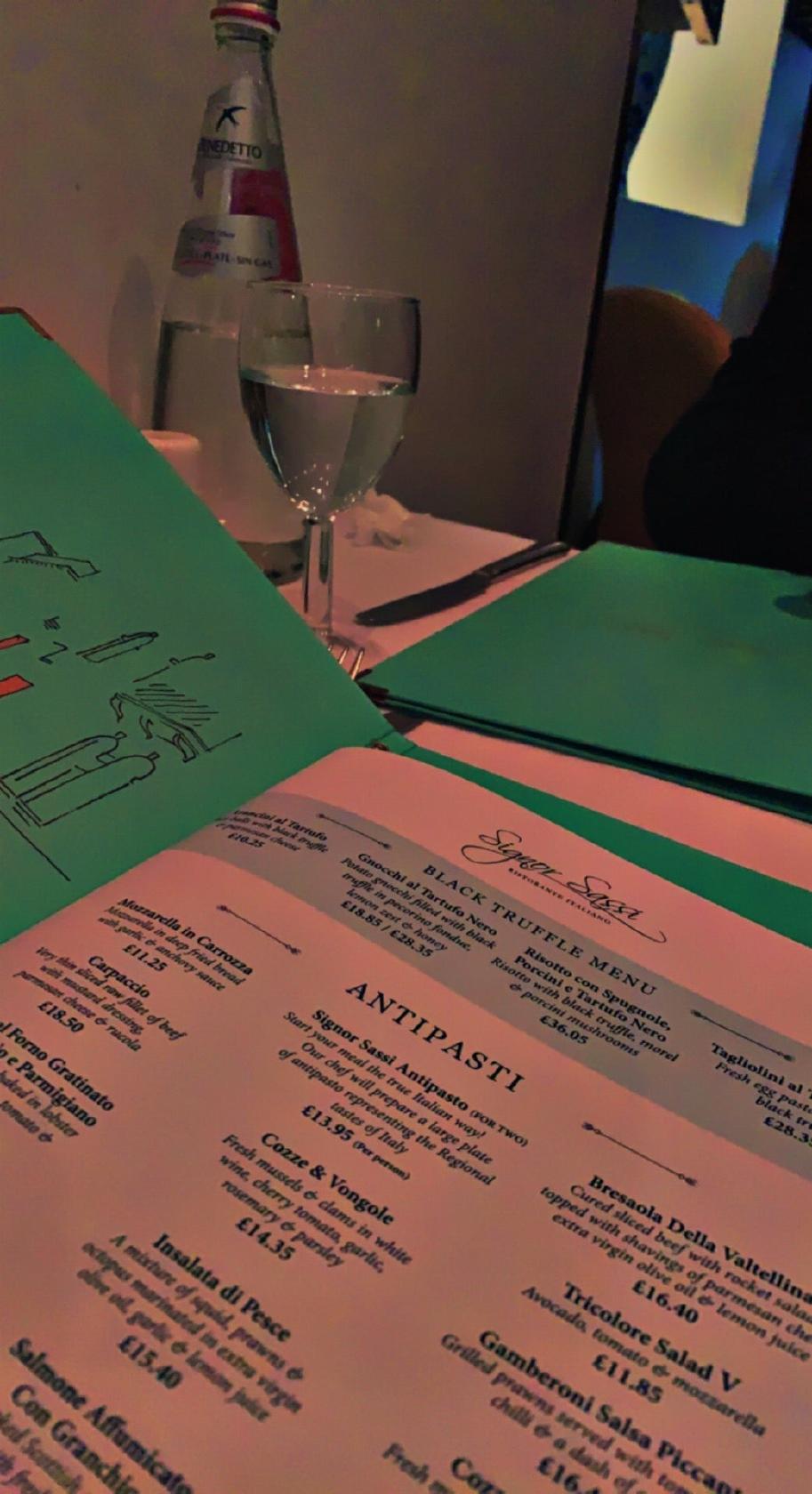 Menu at Signor Sassi restaurant, London