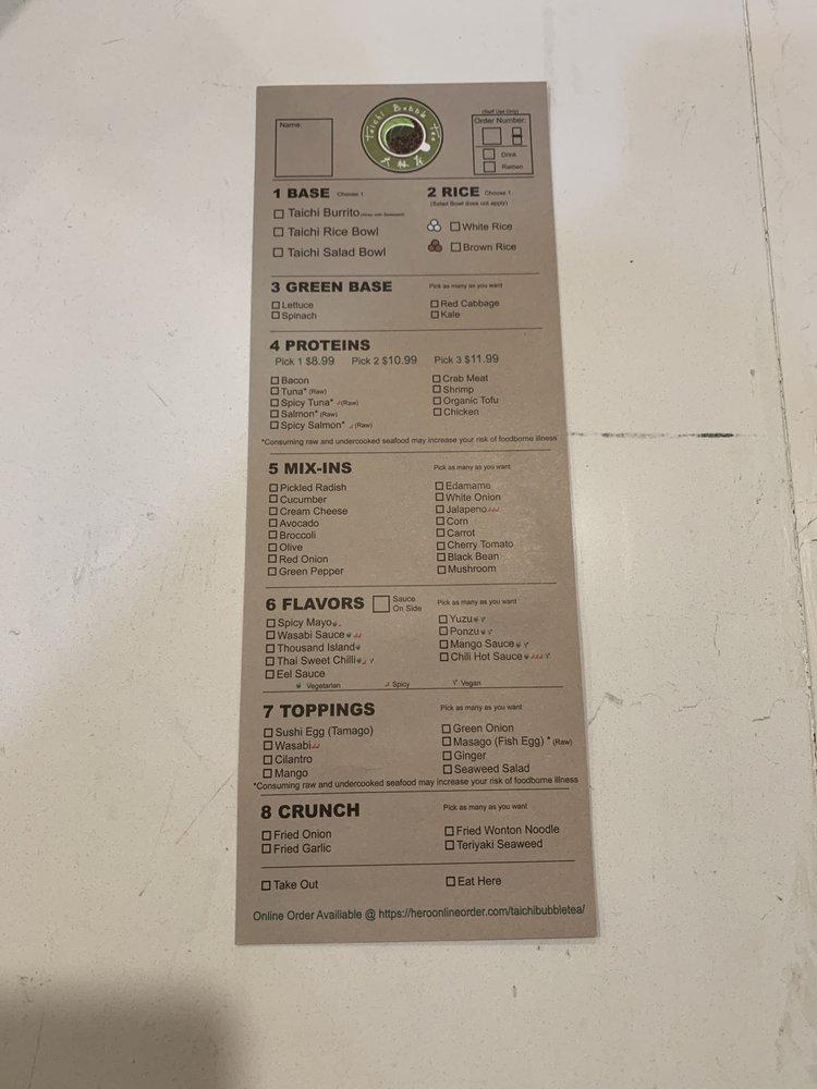 Menu at Tai Chi Bubble Tea restaurant, Chicago
