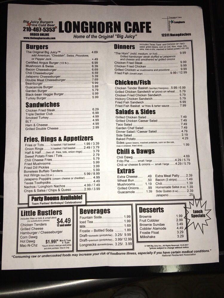 Menu at The Longhorn Cafe, San Antonio, Nacogdoches Rd