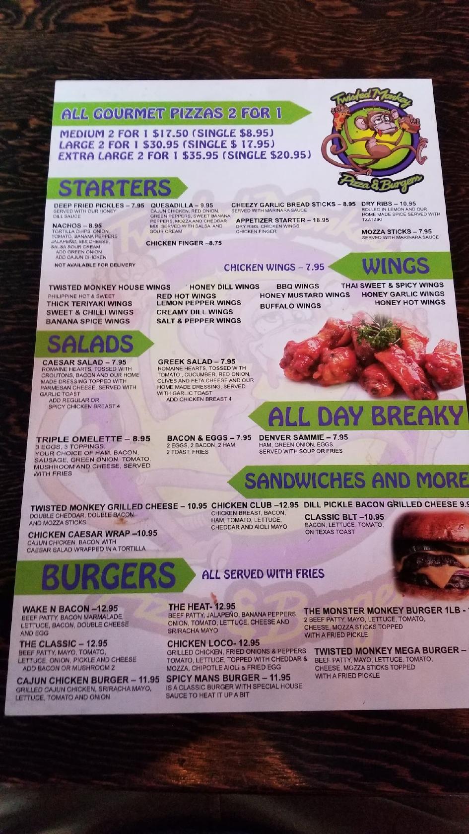 Menu at The Twisted Monkey Bar & Grill, Saskatoon
