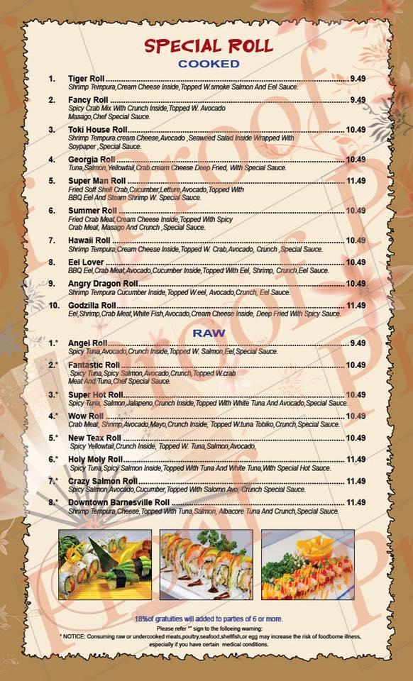 Menu at Toki sushi & steak house restaurant, Barnesville