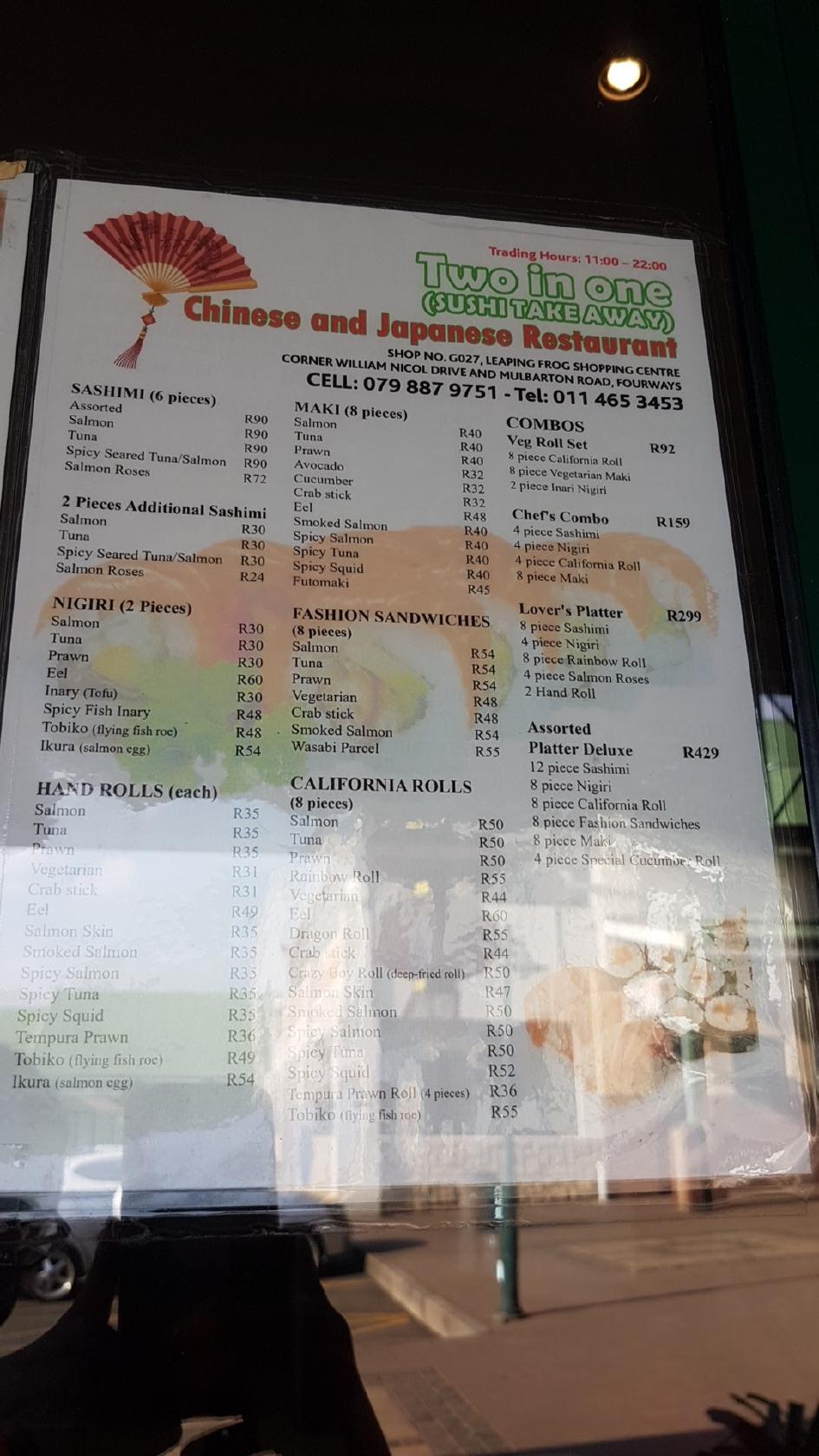 Menu at Two in One Chinese & Japanese restaurant, Randburg, The Leaping ...