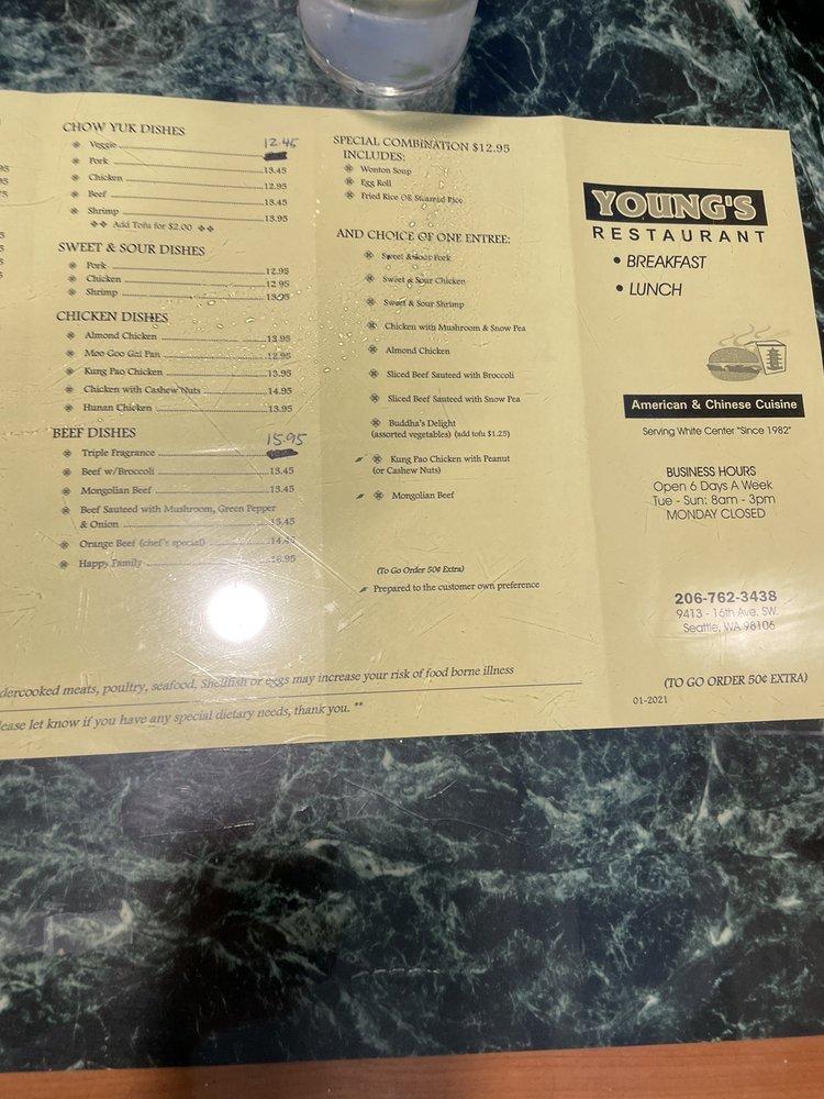 Menu at Young's Restaurant, Seattle