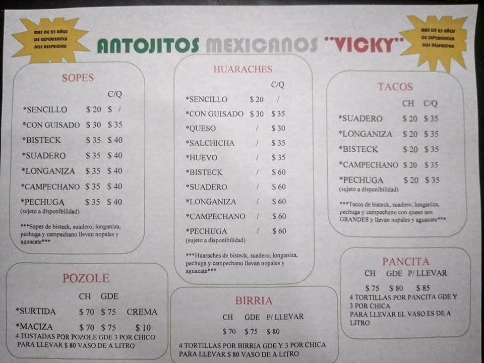 Menu at Antojitos Mexicanos Vicky restaurant, Mexico City