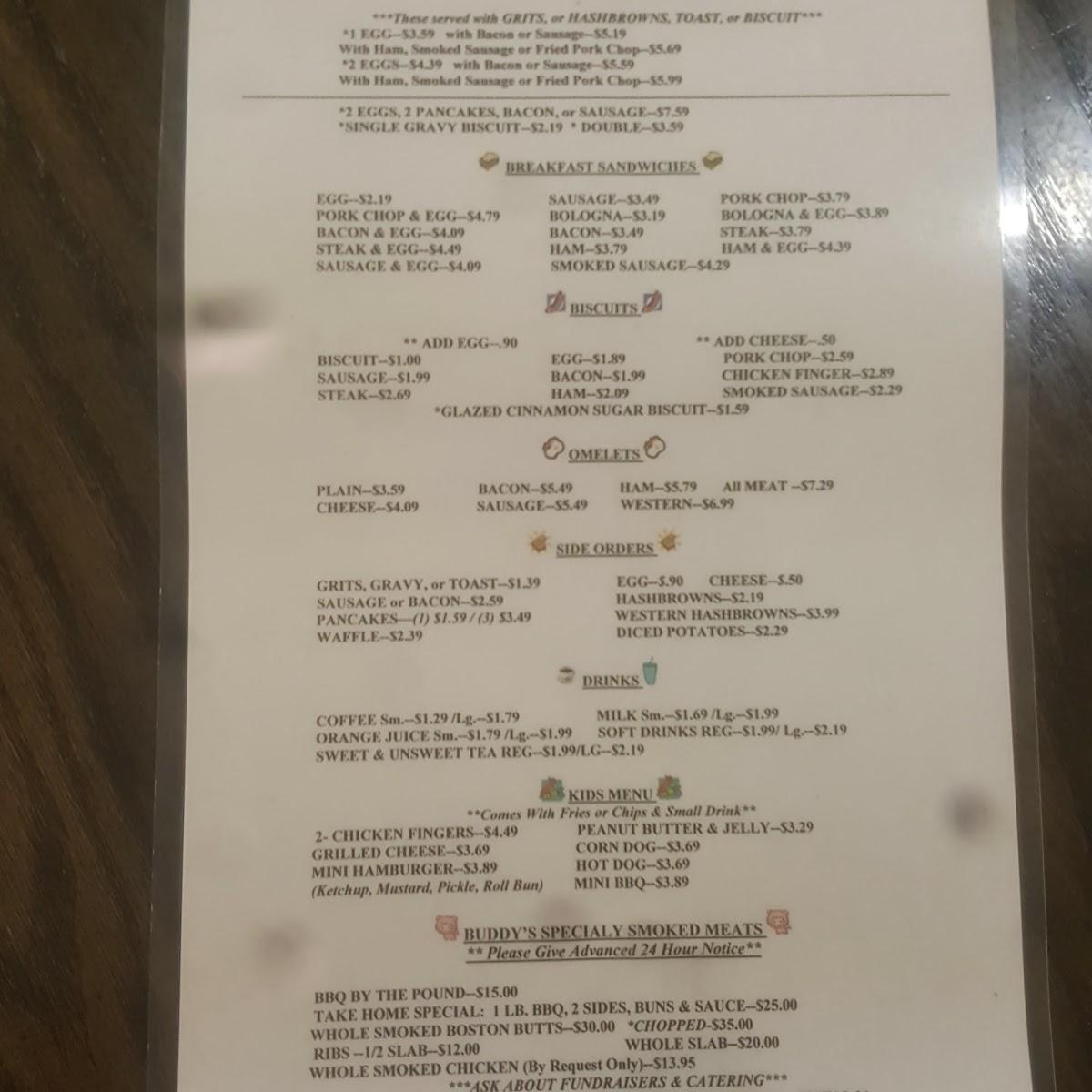 Menu at Buddy's BBQ, Talladega