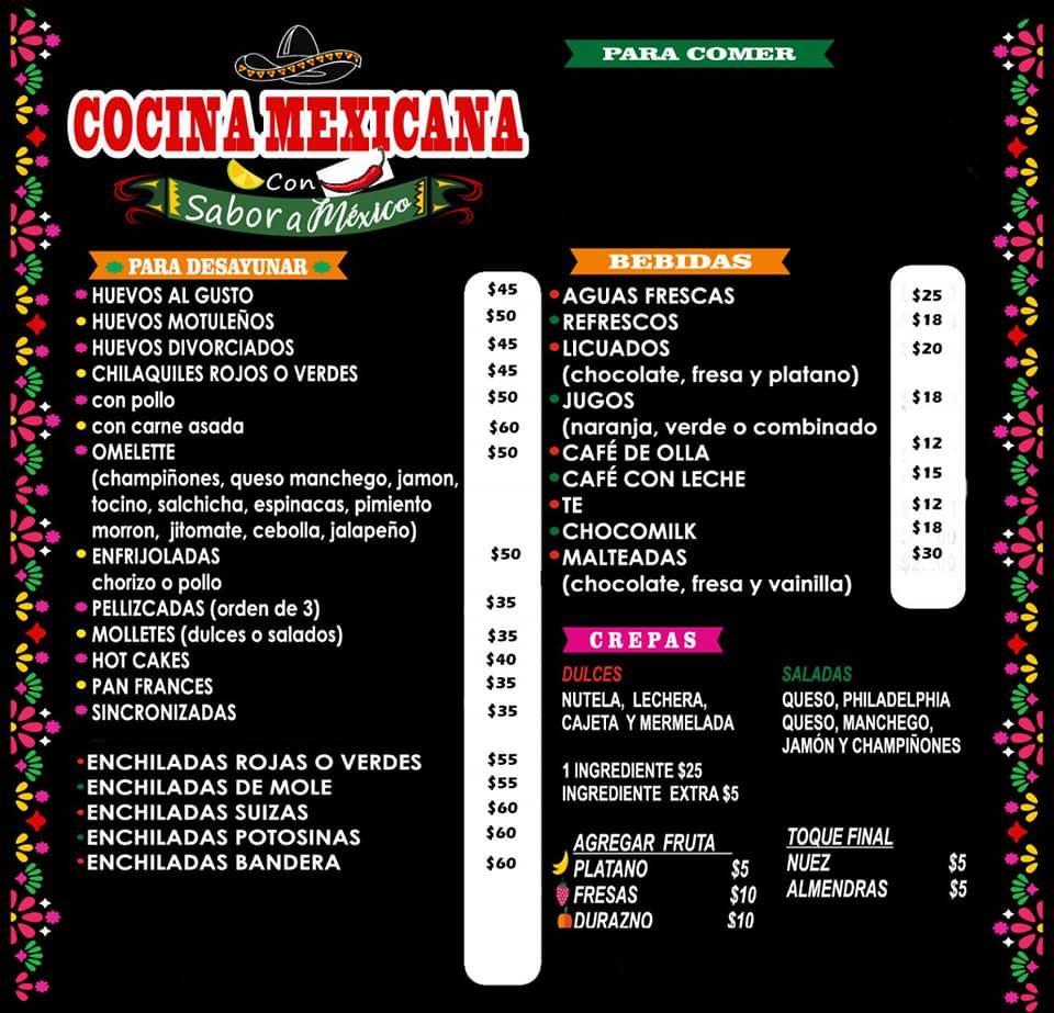 Menu at Cocina Mexicana restaurant, Lomas de San Agustín, paseo de la ...