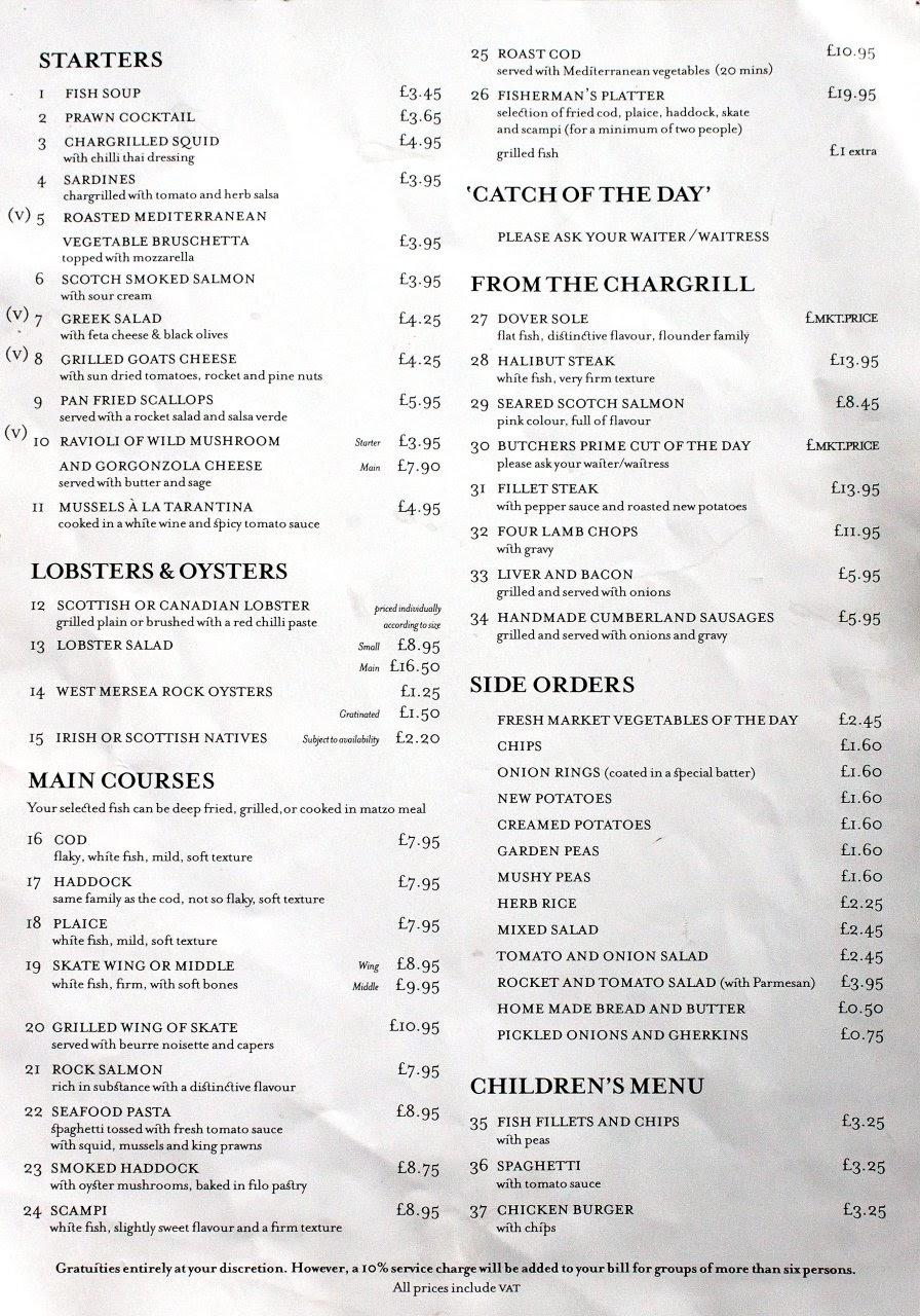 Menu at Fish Central restaurant, London