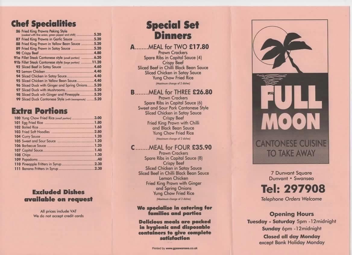 Menu at Full Moon Cantonese Cuisine fast food, Llanelli