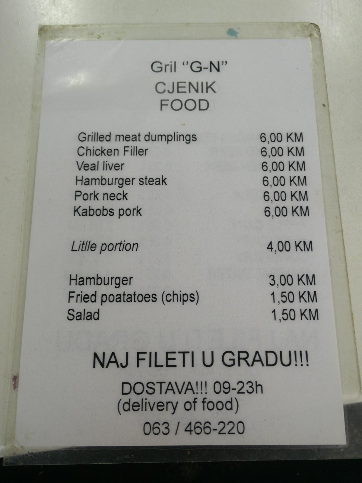 Menu at Grill G-N Gaga restaurant, Mostar