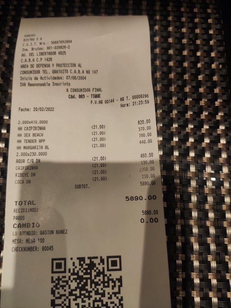 Carta del restaurante Kansas, Buenos Aires, Av. Libertador 4625