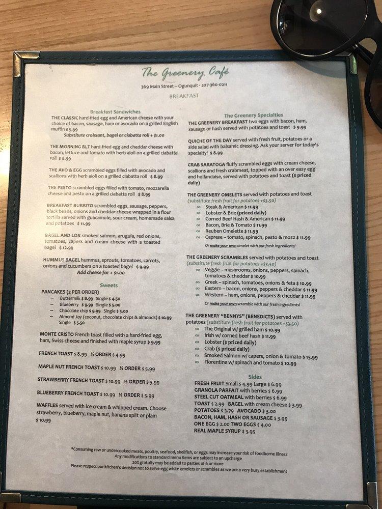 Menu at The Greenery Cafe, Ogunquit