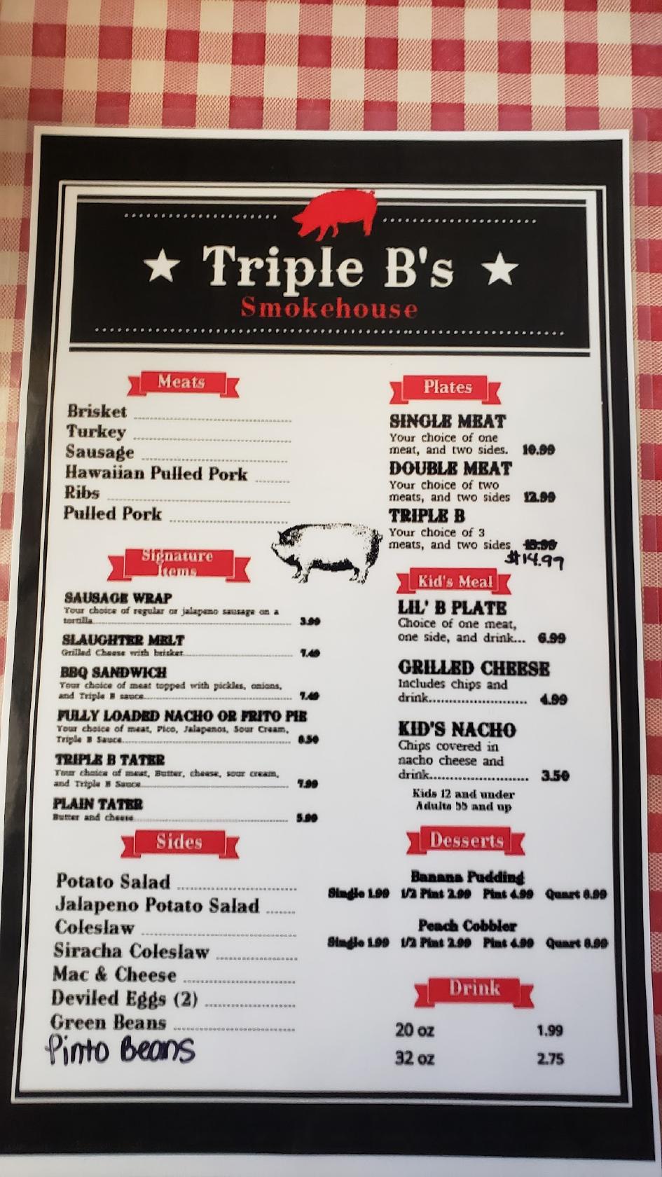 Menu at Triple B's Smokehouse pub & bar, Hewitt, 899 S Hewitt Dr