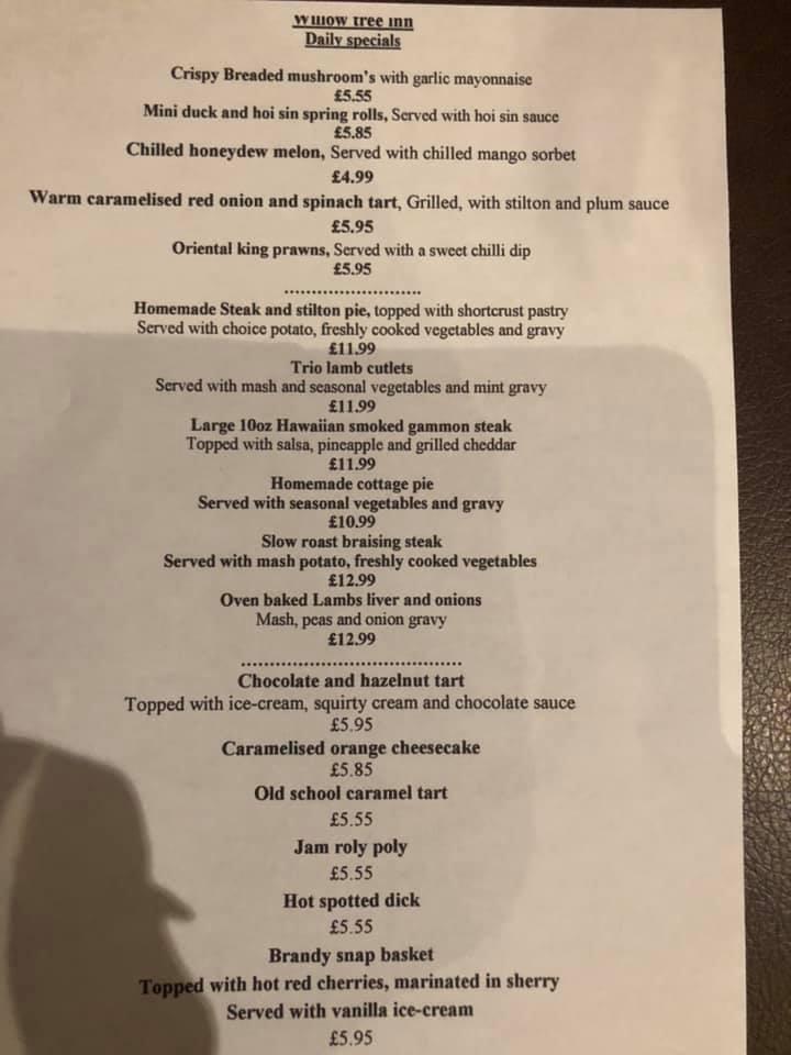 Menu at Willow Tree Inn restaurant, Nottingham
