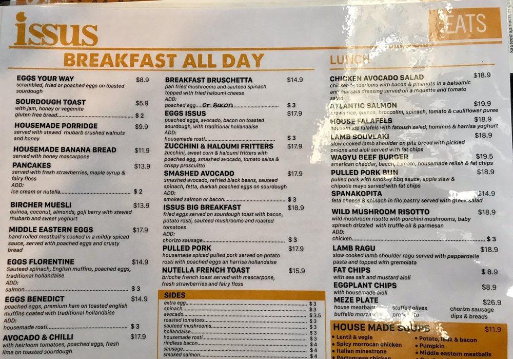 Menu at Cafe Issus, Melbourne