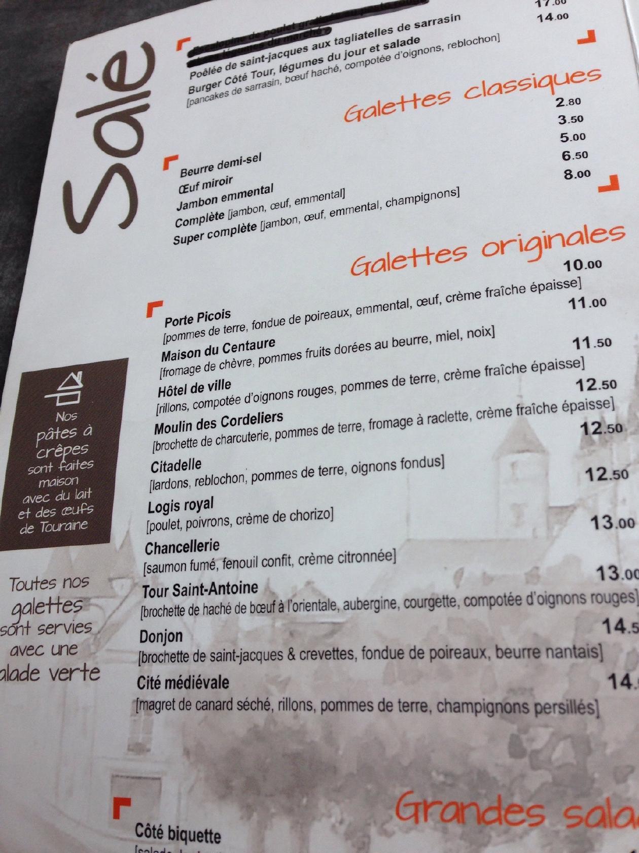 Menu at Côté Tour, Loches