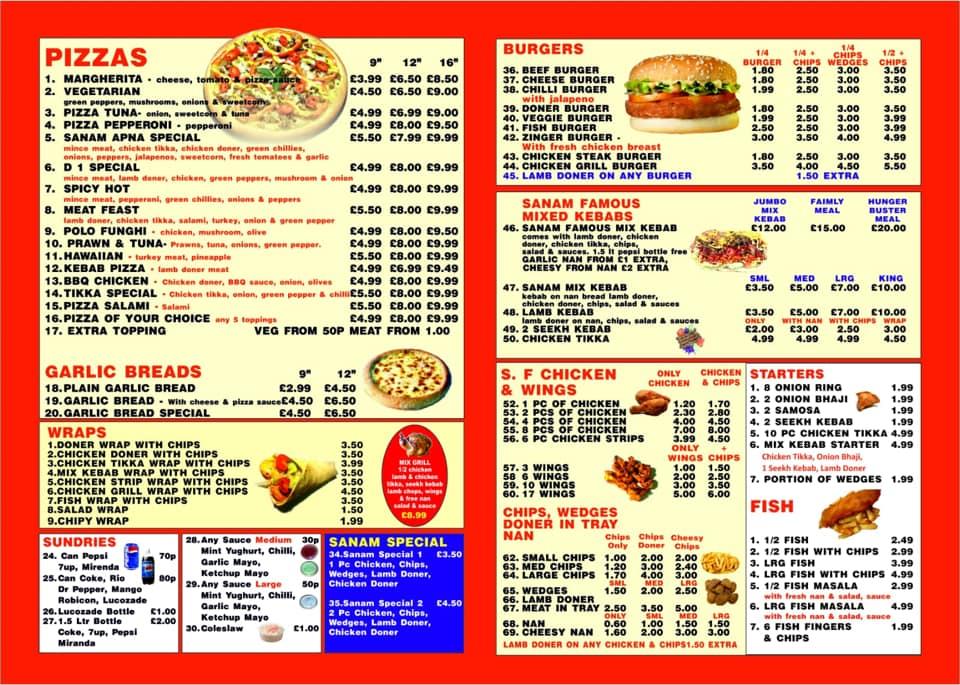 Menu at Sanam Kebabish fast food, Sheffield