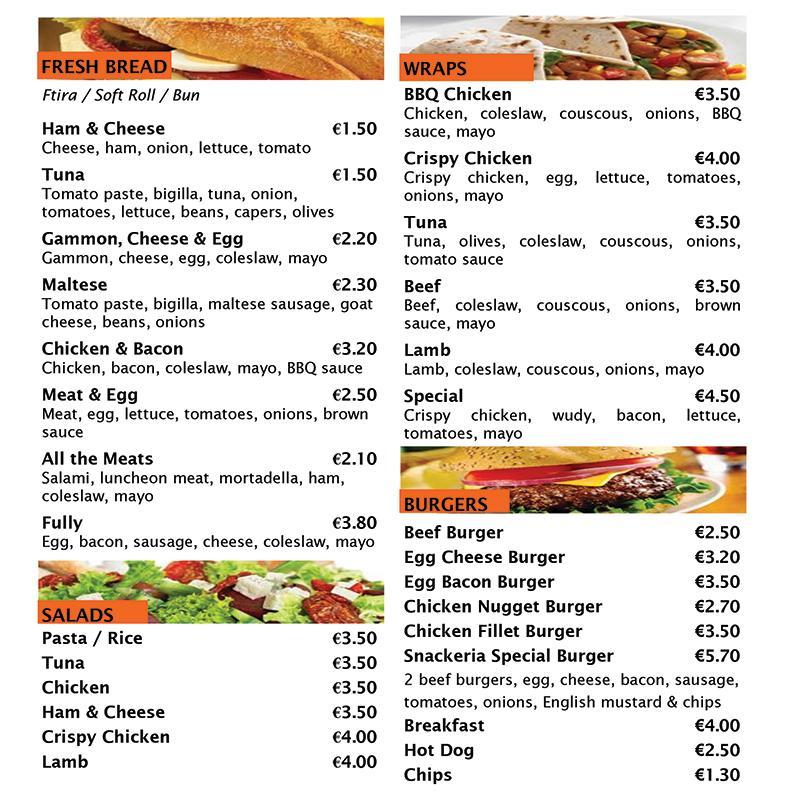 Menu at Snackeria Malta restaurant, Sutorina