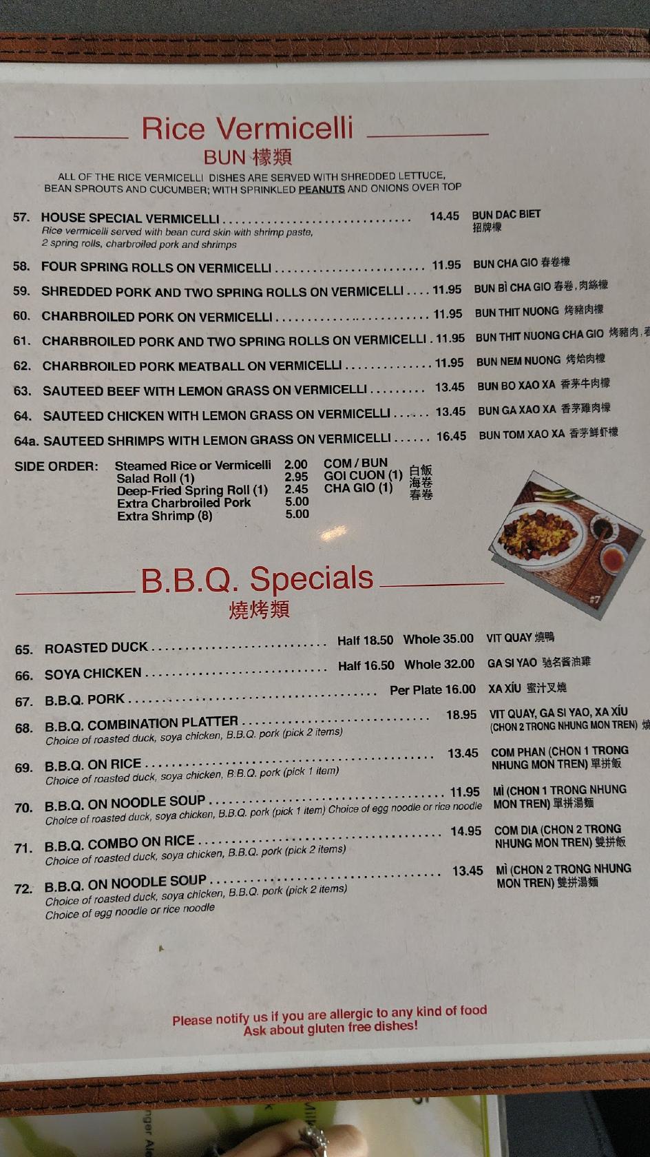 Menu at Spring Rolls restaurant, Lethbridge