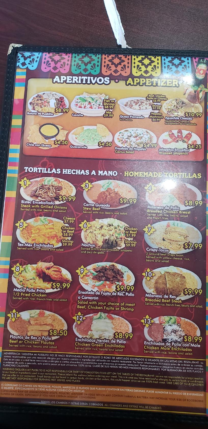 Menu at Taquería Mi Pueblito restaurant, Pearland