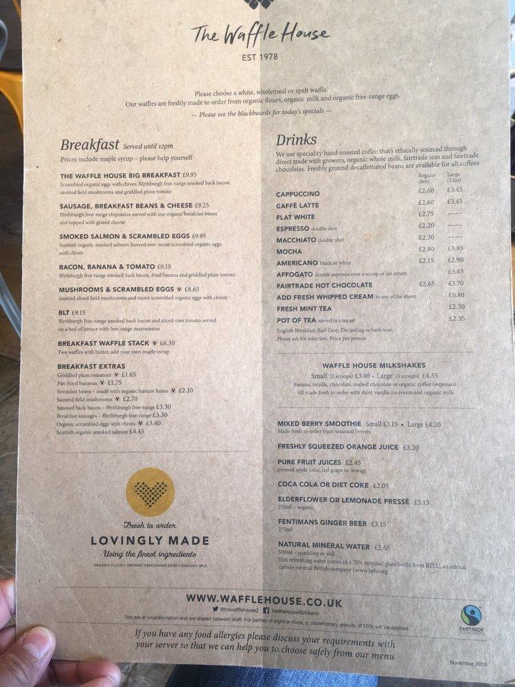 Menu at The Waffle House restaurant, St Albans