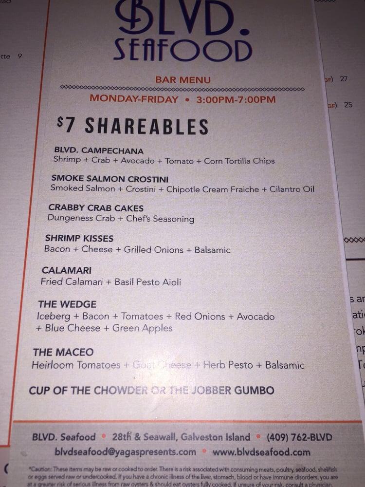 Menu at BLVD Seafood steakhouse, Galveston