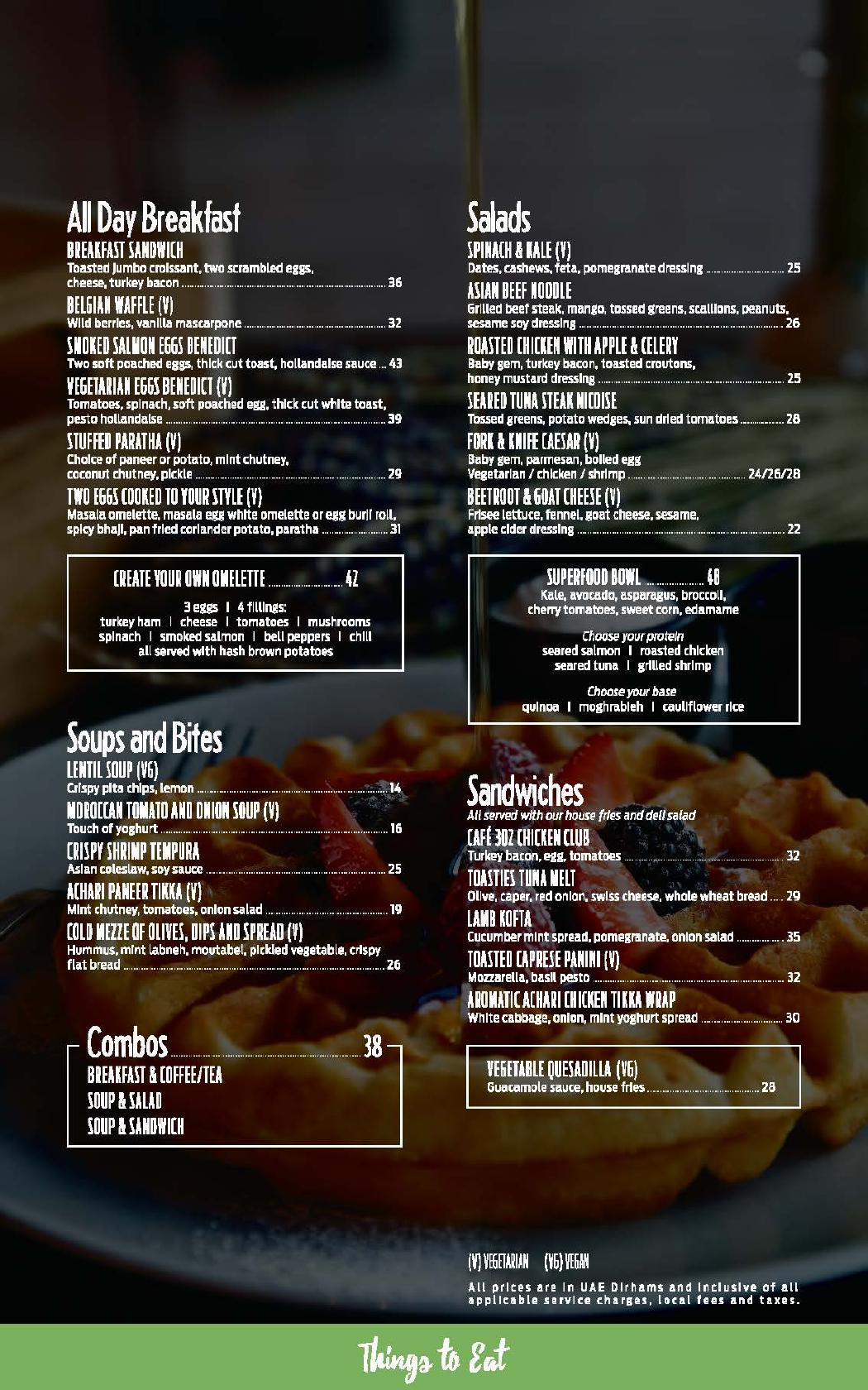 Menu at Café 302 Dubai, UAE, World Trade Centre Road
