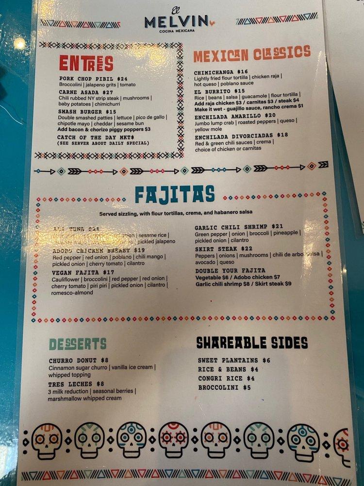 Menu at El Melvin Cocina Mexicana restaurant, Sarasota