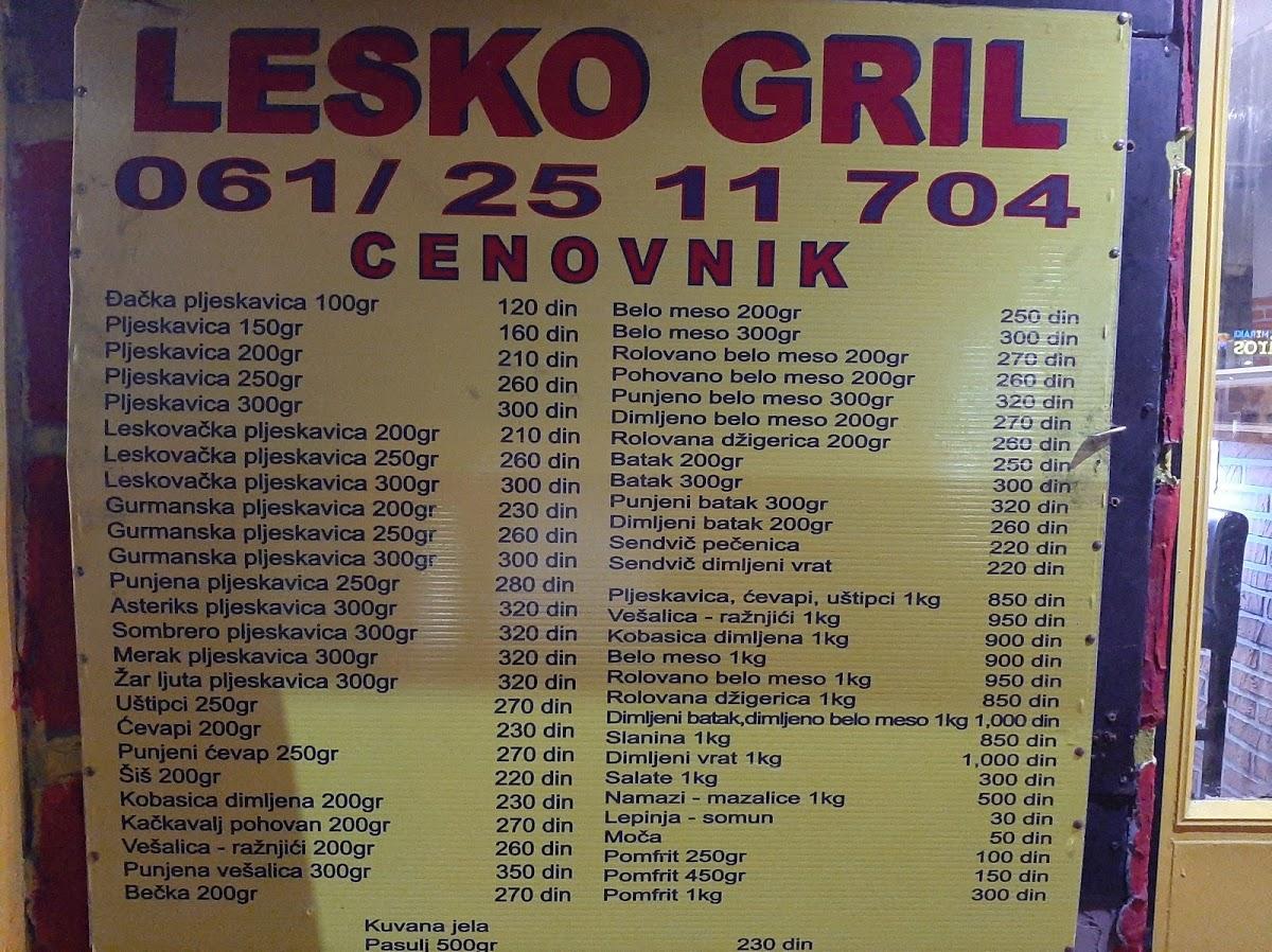 Menu at Lesko grill restaurant, Belgrade